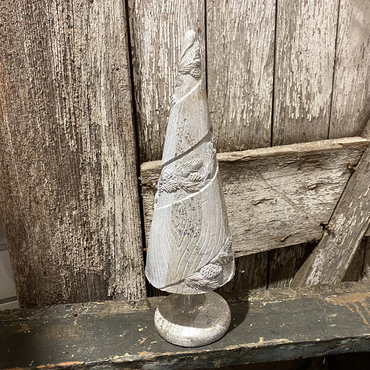 Silver Cone Tree w Pinecone Design- 10 Inches – Glendas Christmas Cottage